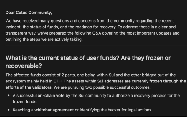 Cetus Issues Update on Frozen Funds, Confirms Aggregator Back Online